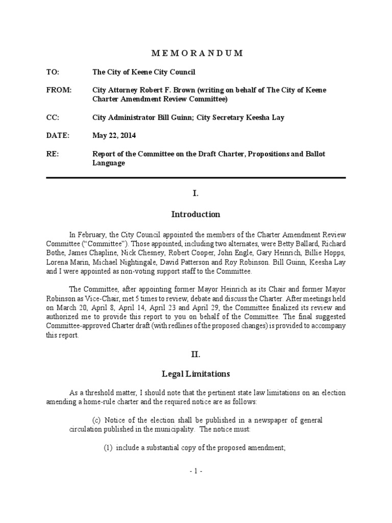 Keene Memo To City Council From Charter Committee | PDF | Initiative ...