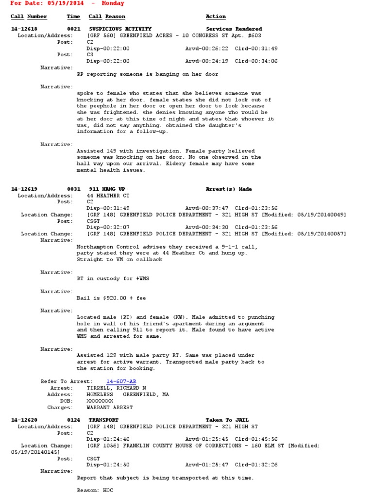 Police Log 051914 Through 052514 | PDF | Arrest | Criminal Justice