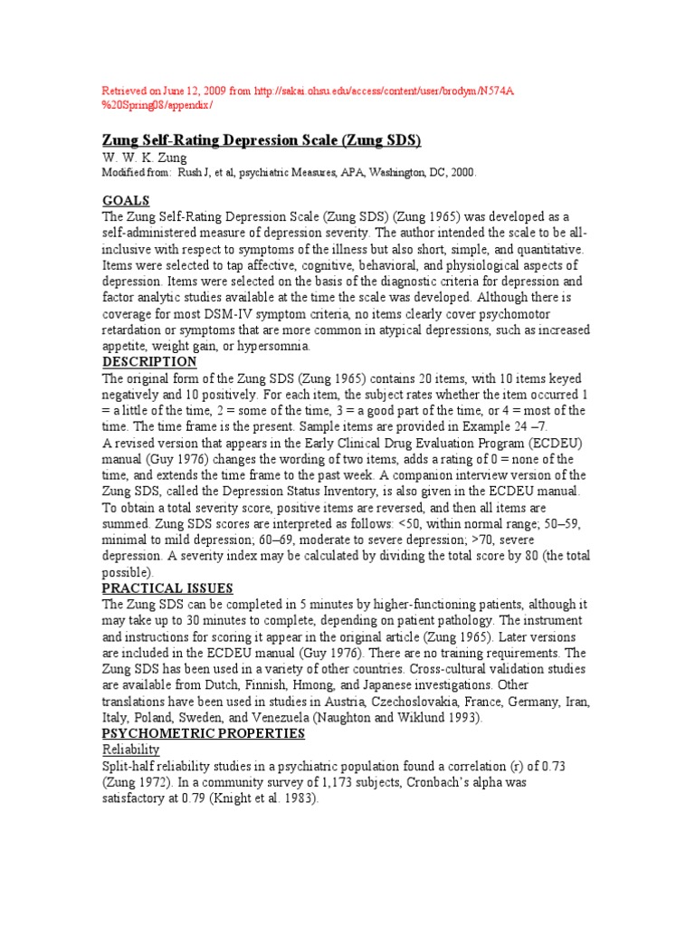 Zung Self Rating Depression Scale Zung SDS.162141612 (1) | Major ...
