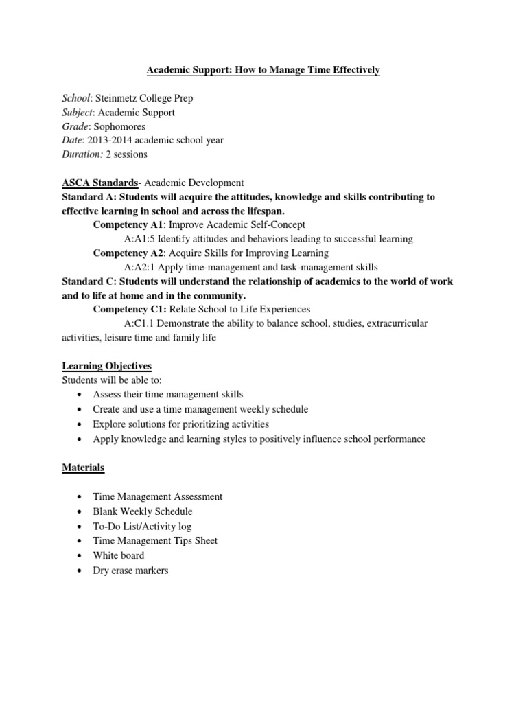 Time Management Lesson Plan PDF Time Management Professional Skills