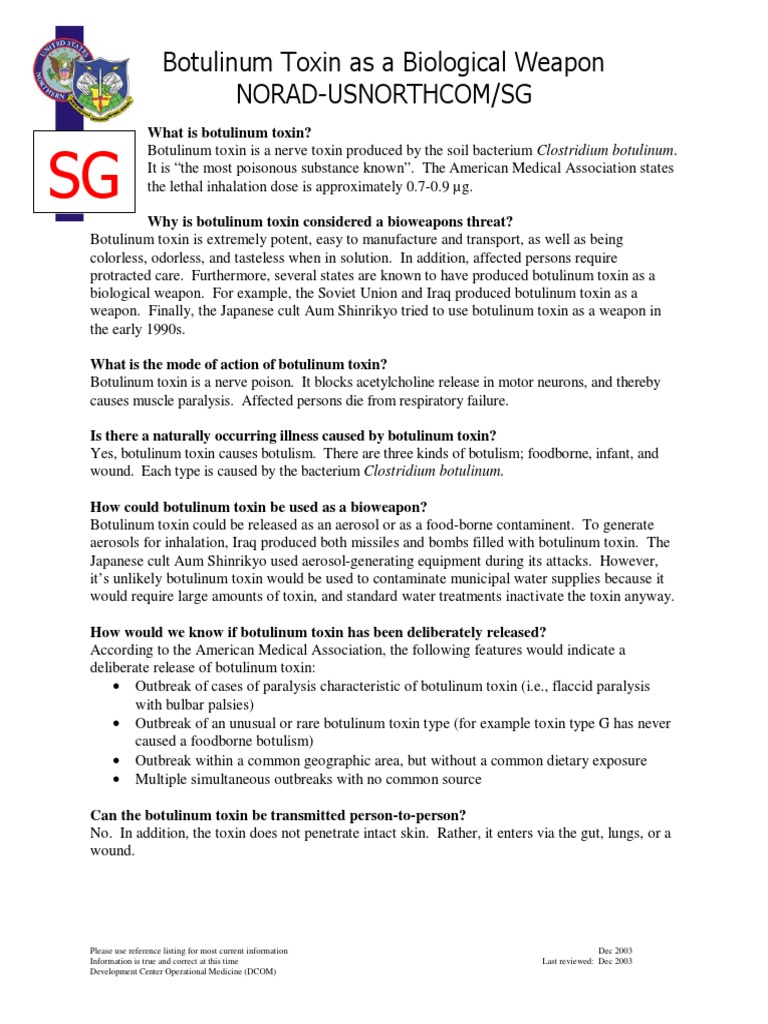 Botulinum Toxin As A Biological Weapon Norad-Usnorthcom/Sg | PDF ...