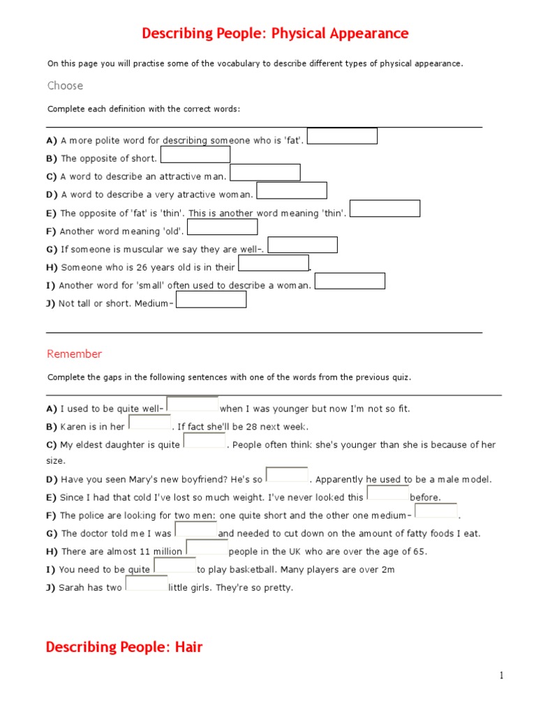 PET Vocabulary (Describing People) | PDF | Human Appearance