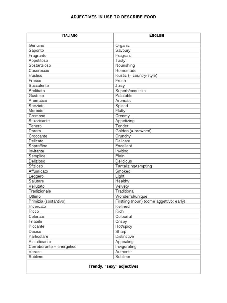 Food Adjectives: Italian-English Guide | PDF
