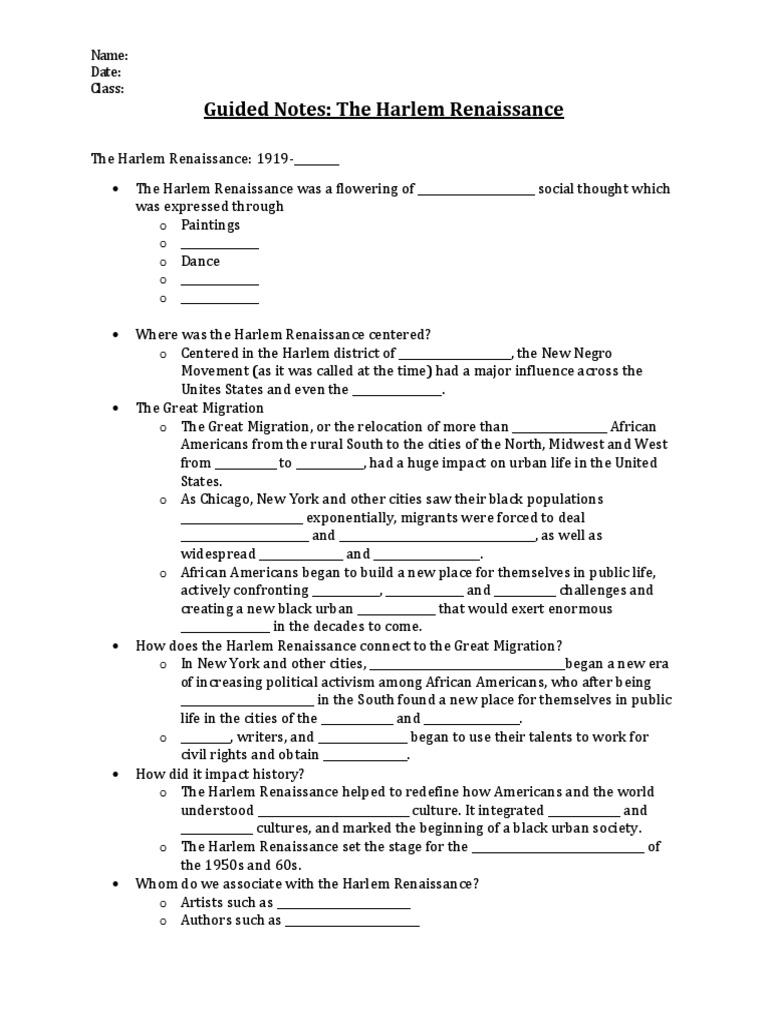 Guided Notes-The Harlem Renaissance | PDF | Harlem Renaissance ...