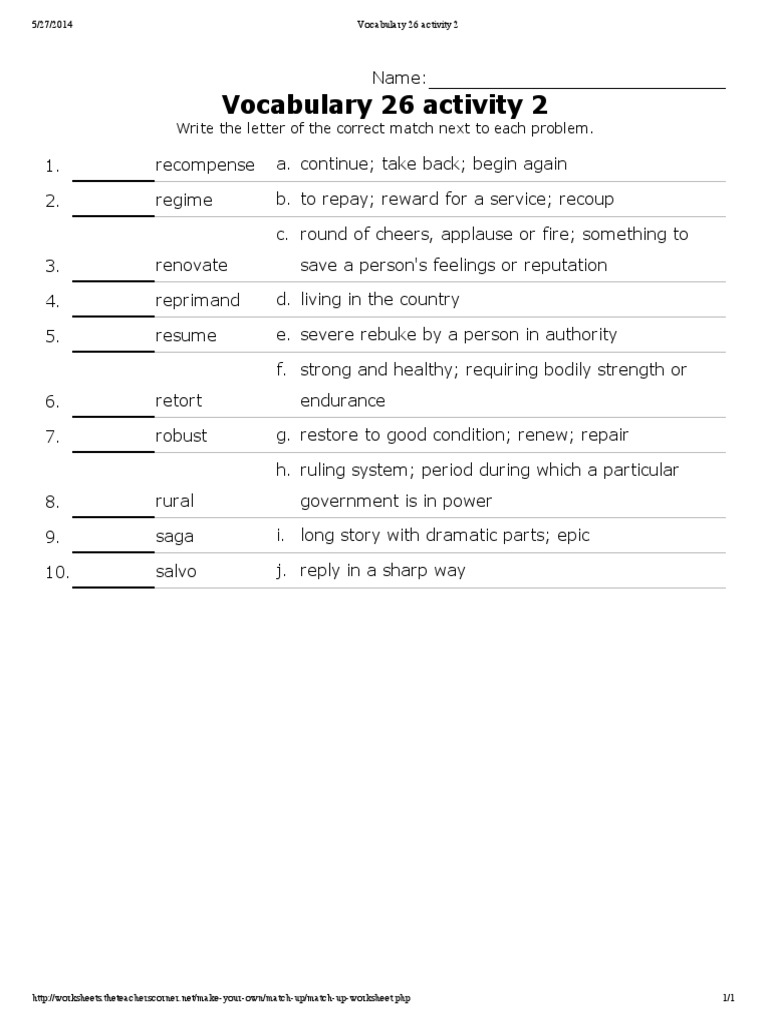 Vocabulary Matching Worksheet | PDF