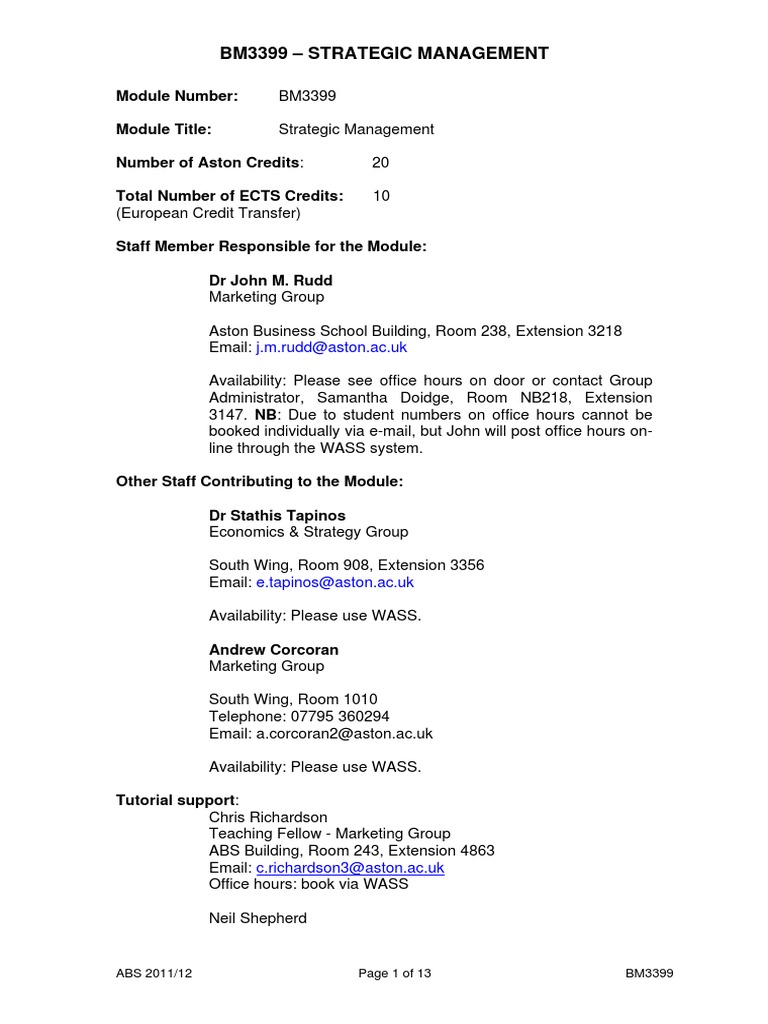 BM3399 Strategic Management Module Outline | PDF | Strategic Management ...