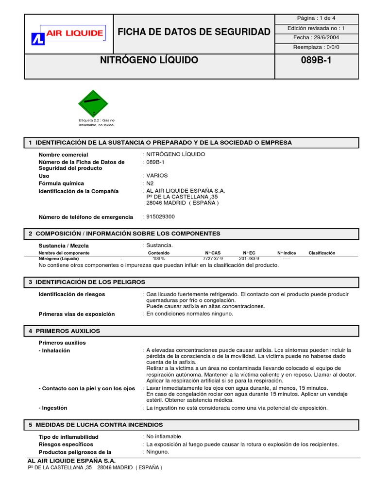 Ficha de Seguridad N2 Liquido | PDF | Primeros auxilios | Agua