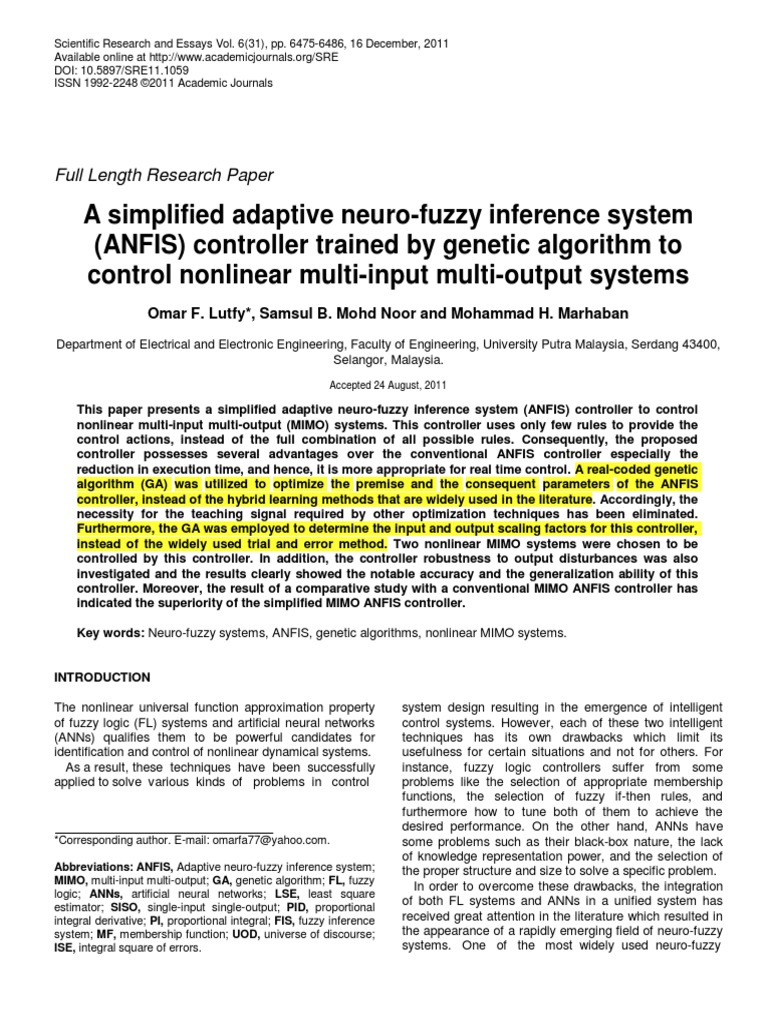 A Simplified Adaptive Neuro-Fuzzy Inference System - ANFIS - Controller ... A Simplified Adaptive Neuro-Fuzzy Inference System - ANFIS - Controller ...