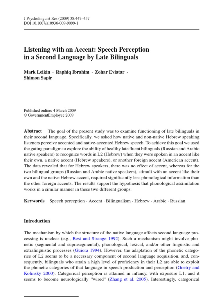 Listening With An Accent Speech Perception in A Second Language by Late ...
