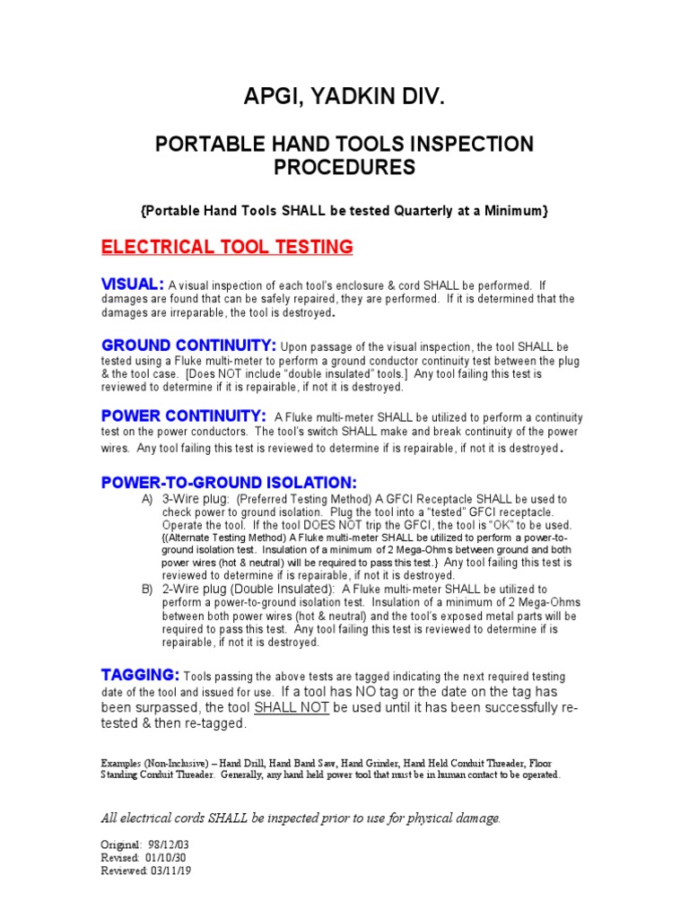 Portable Hand Tools Inspection Procedure | PDF | Electrical Engineering ...