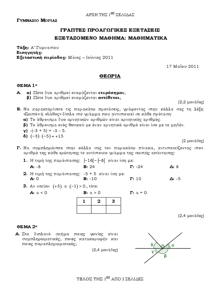 ΘΕΜΑΤΑ ΠΡΟΑΓΩΓΙΚΏΝ ΕΞΕΤΑΣΕΩΝ ΣΤΑ ΜΑΘΗΜΑΤΙΚΑ Α ΓΥΜΝΑΣΙΟΥ | PDF
