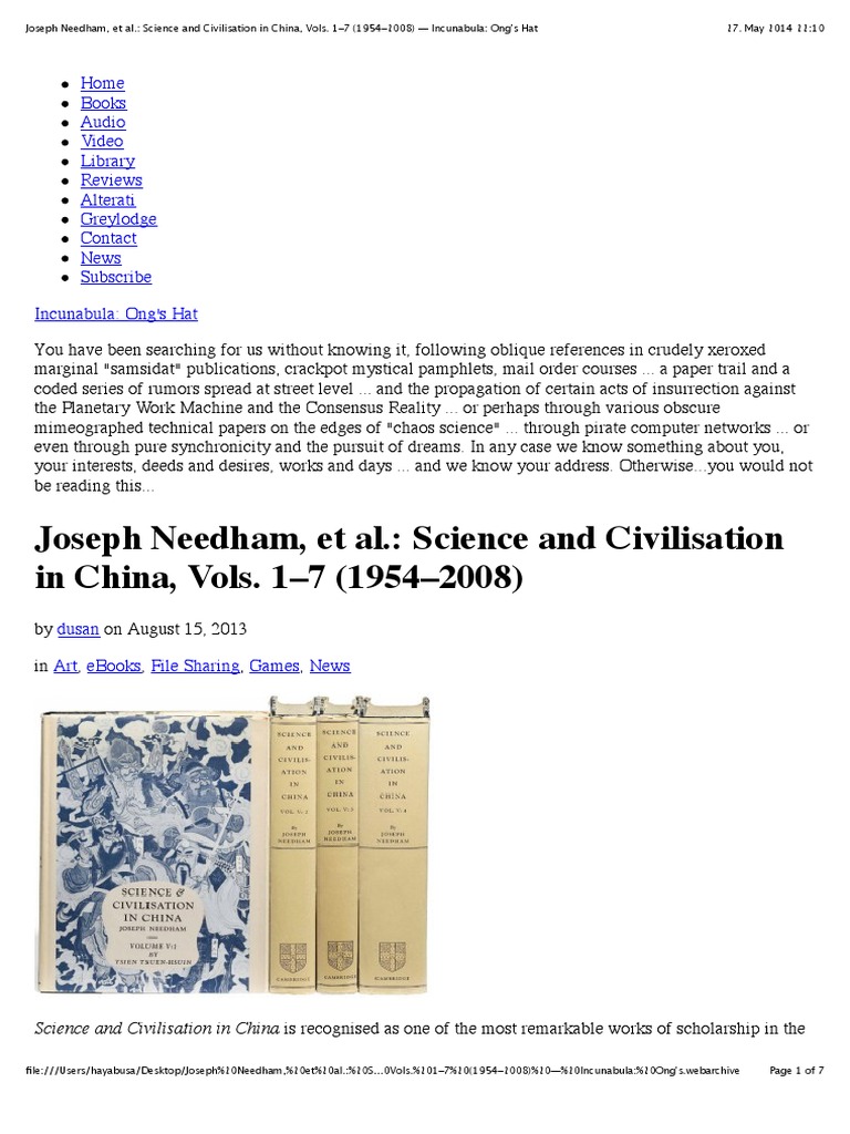 Joseph Needham, Et Al.: Science and Civilisation in China, Vols. 1-7 (1954-2008) - Incunabula ...