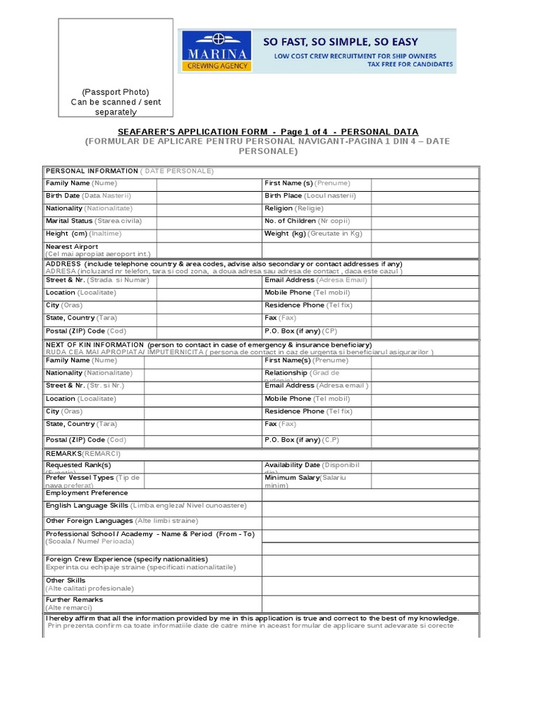 APLICATION+FORM+MARINA+CREWING+AGENCY | Ships | Shipping