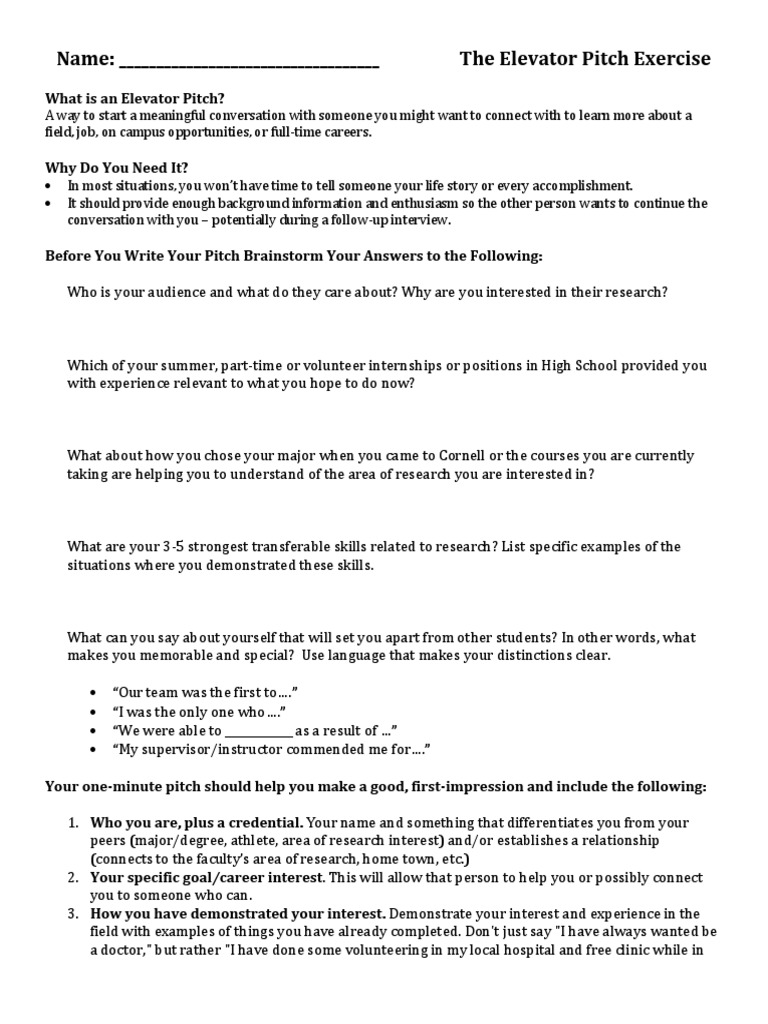 Elevator Pitch Exercise | Internship | Volunteering