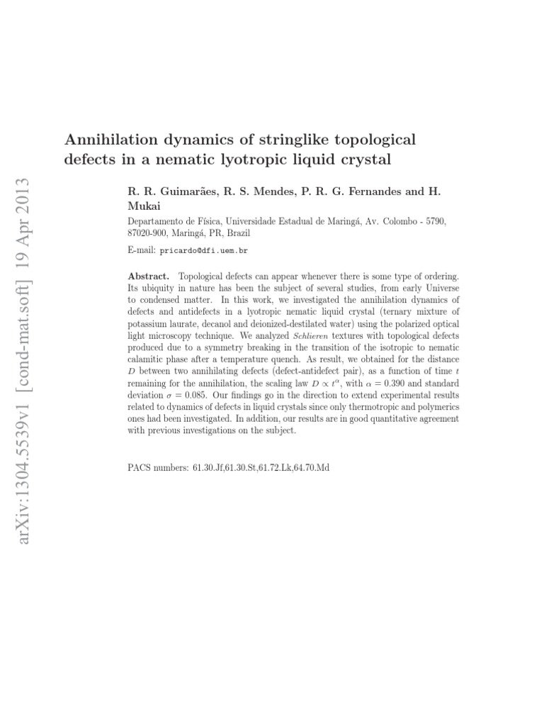 Annihilation Dynamics of Stringlike Topological Defects in A Nematic Lyotropic Liquid Crystal ...