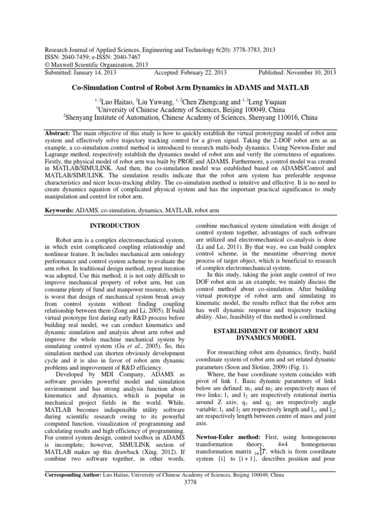 Co-Simulation Control of Robot Arm Dynamics in ADAMS and MATLAB | PDF | Simulation | Robot