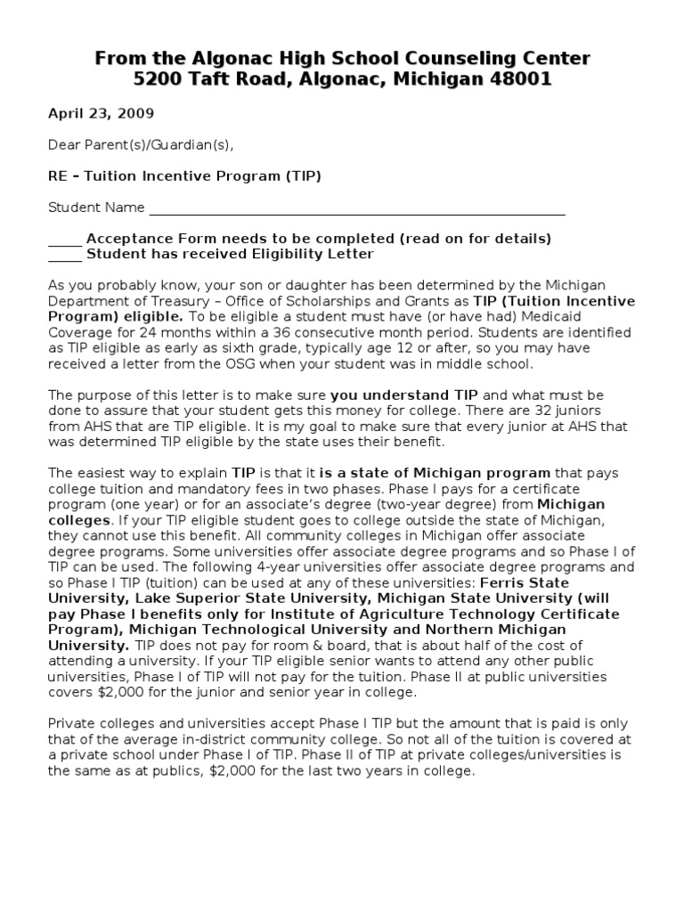 TIP Letter to Parents | College | Tuition Payments