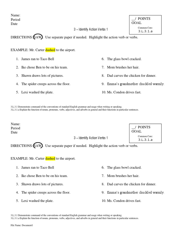 Action Verbs Identification Worksheet | PDF | English Grammar | Verb