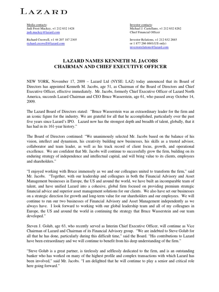 Lazard Appoints Kenneth M. Jacobs CEO | PDF | Board Of Directors ...