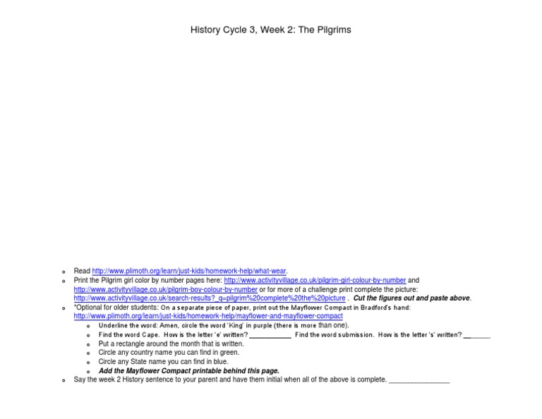 Pilgrim Activities for History Week 2 | PDF
