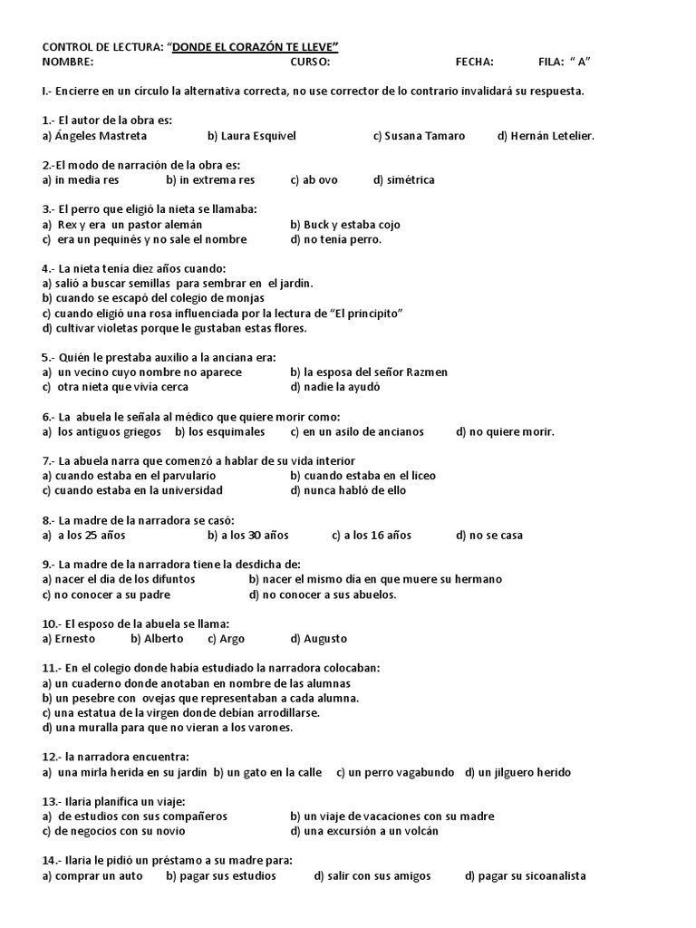 Control de Lectura: Análisis de "Donde el Corazón Te Lleve" | PDF