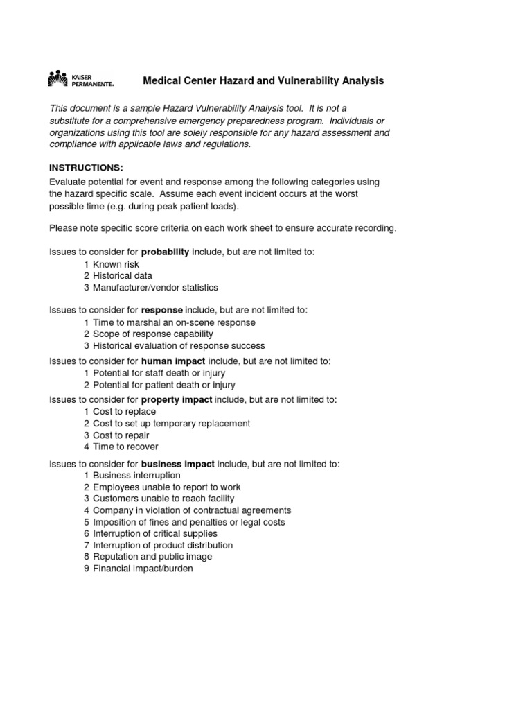 Medical Center Hazard and Vulnerability Analysis: Instructions | PDF ...
