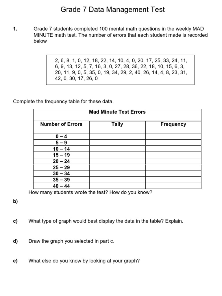 Data Management Grade 7 Test | PDF | Median | Teaching Mathematics