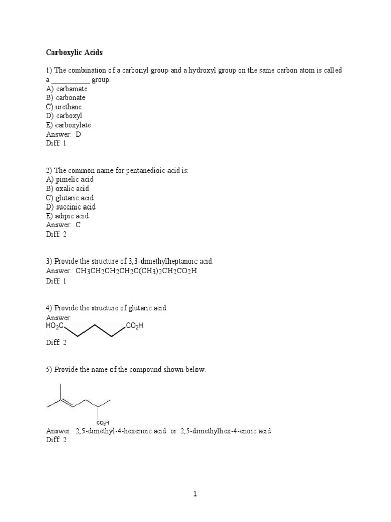 Practice Questions On Carboxylic Acids | PDF | Carboxylic Acid | Aldehyde