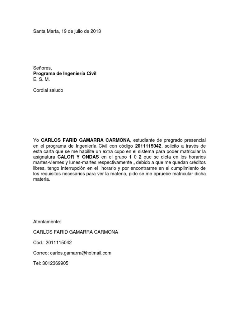 Solicitud de cupo para asignatura de Ingeniería Civil | PDF