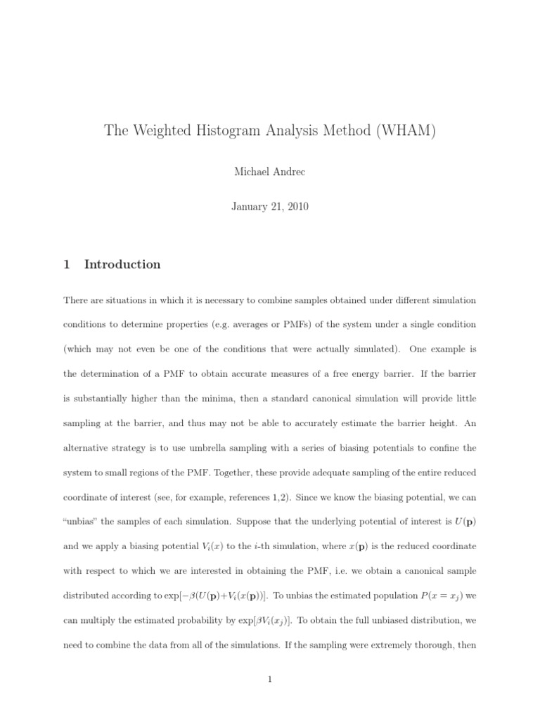 The Weighted Histogram Analysis Method (WHAM) : Michael Andrec | PDF | Bias Of An Estimator ...