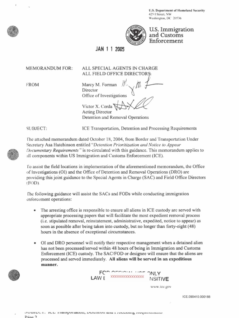 ICE Guidance Memo - Transportation, Detention & Processing Requirements ...
