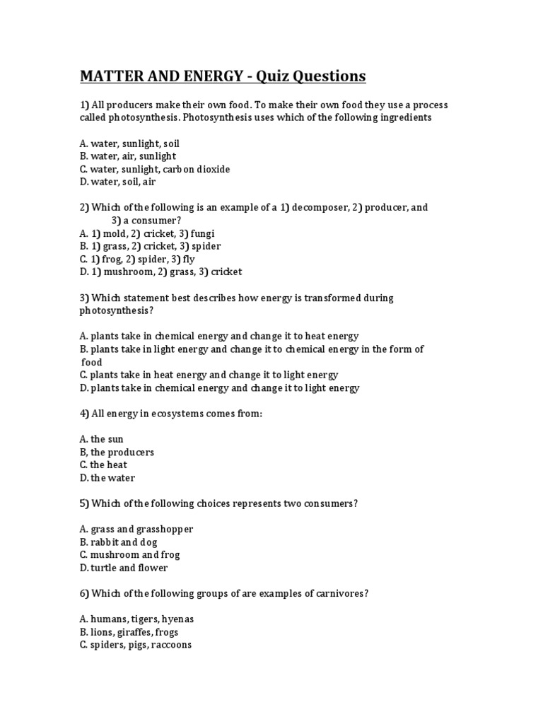 Matter and Energy Quiz Questions | PDF