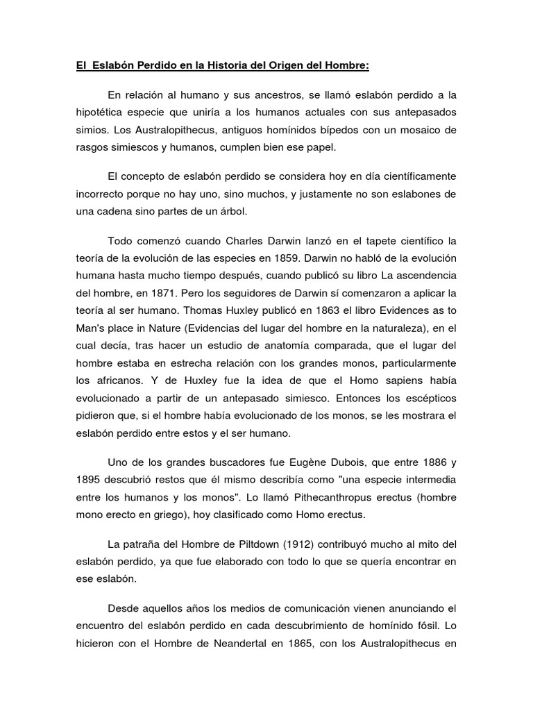 El Eslabón Perdido en La Historia Del Origen Del Hombre | PDF ...