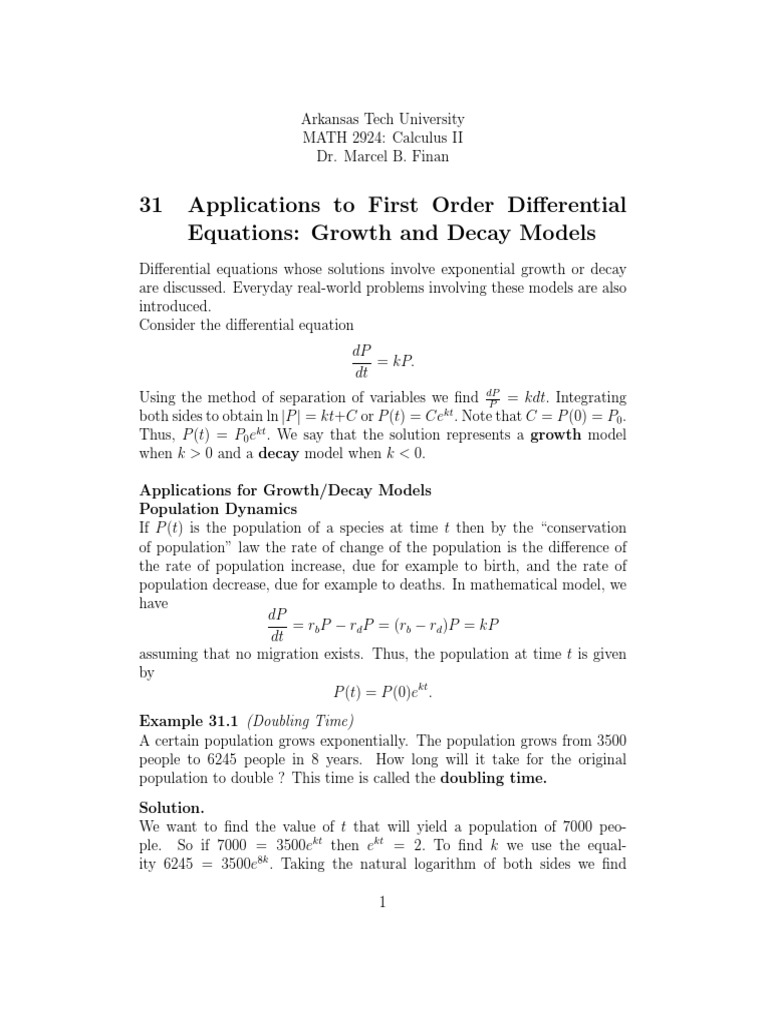 Cal115 Applications of First Order Differential Equations Growth and ...