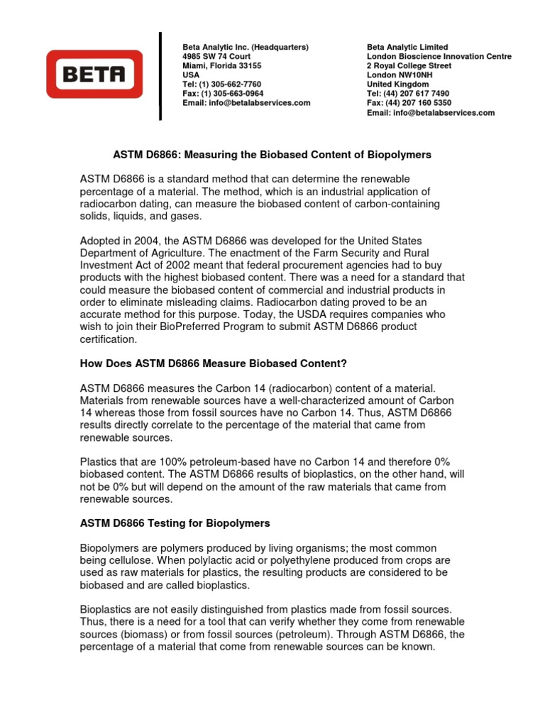ASTM D6866: Measuring The Biobased Content of Biopolymers | PDF | Renewable Resources ...