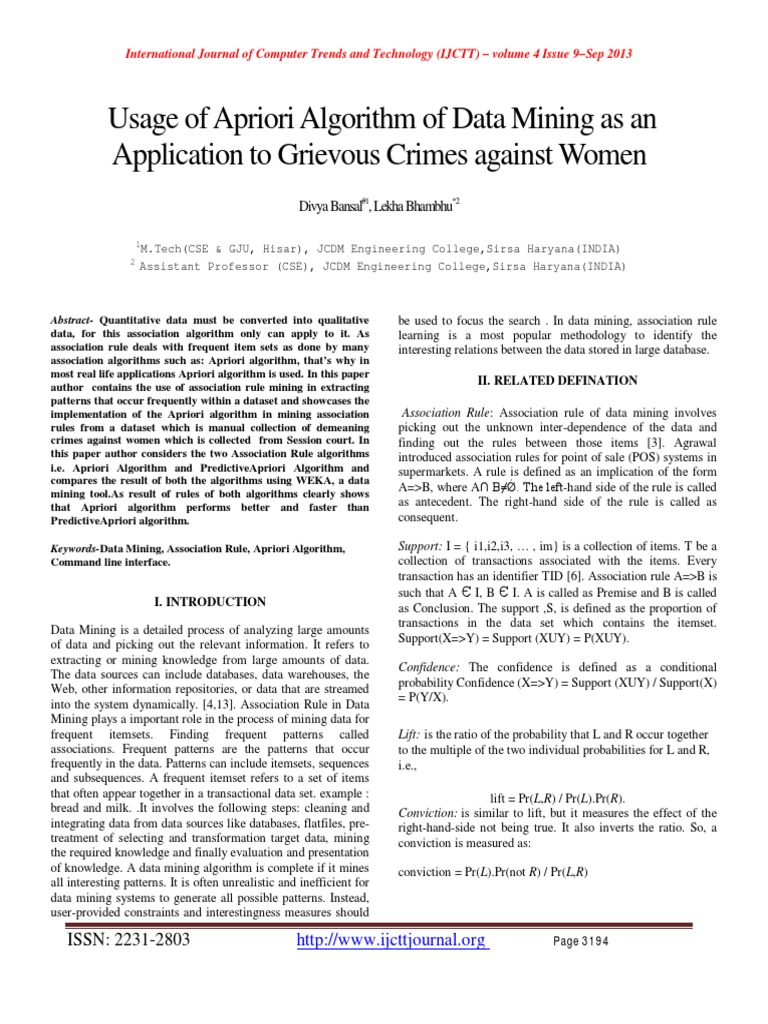 Usage of Apriori Algorithm of Data Mining As An Application To Grievous Crimes Against Women ...
