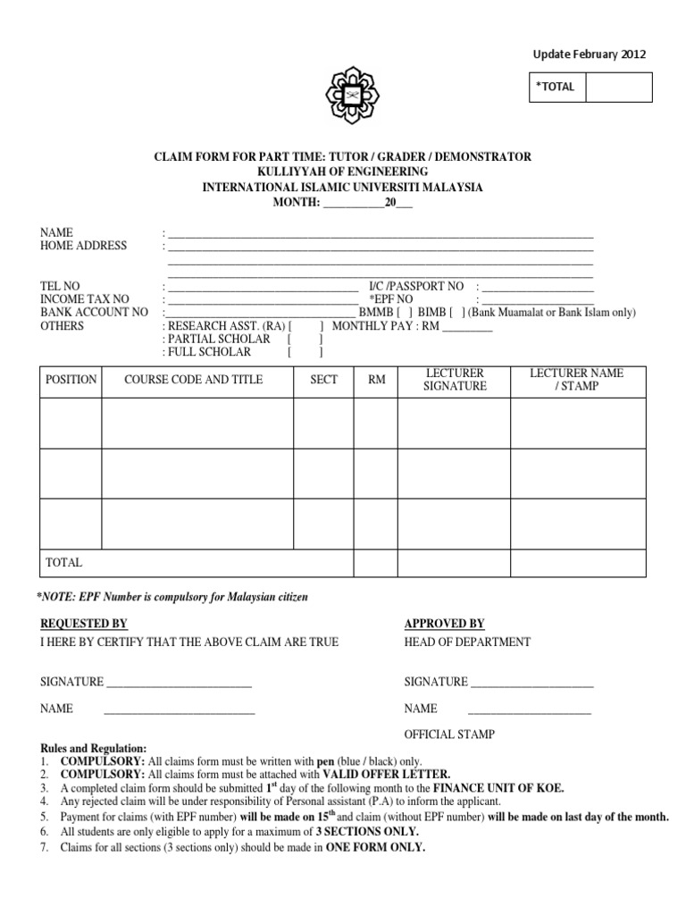 Claim Form PG IIUM | PDF | Taxation | Payments