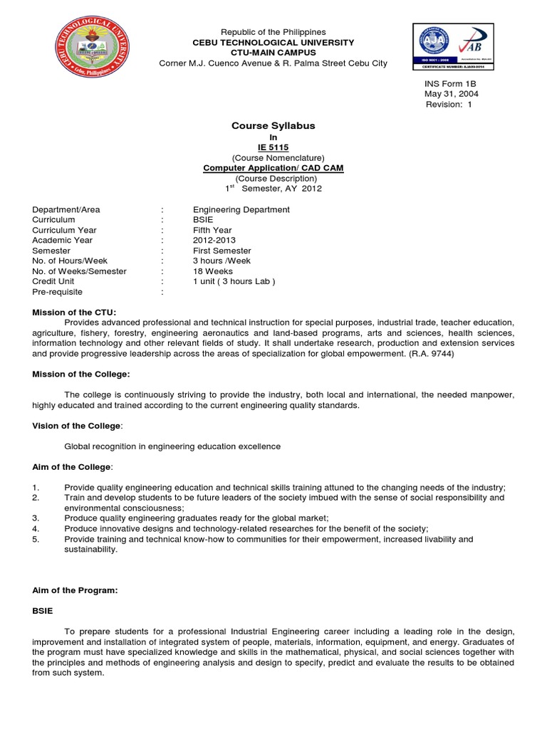 Course Syllabus: Cebu Technological University Ctu-Main Campus | PDF ...