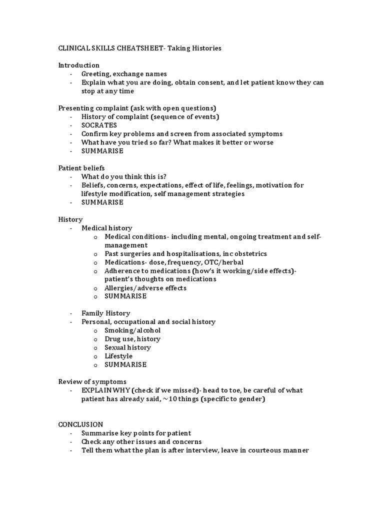 Clinical Skills Cheat Sheet: History Taking | PDF | Hand | Thumb