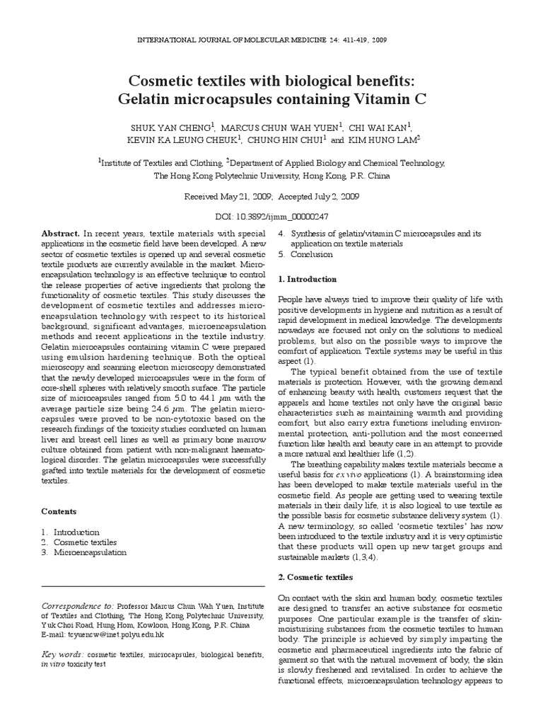 Cosmetic Textiles With Biological Benefits: Gelatin Microcapsules ...