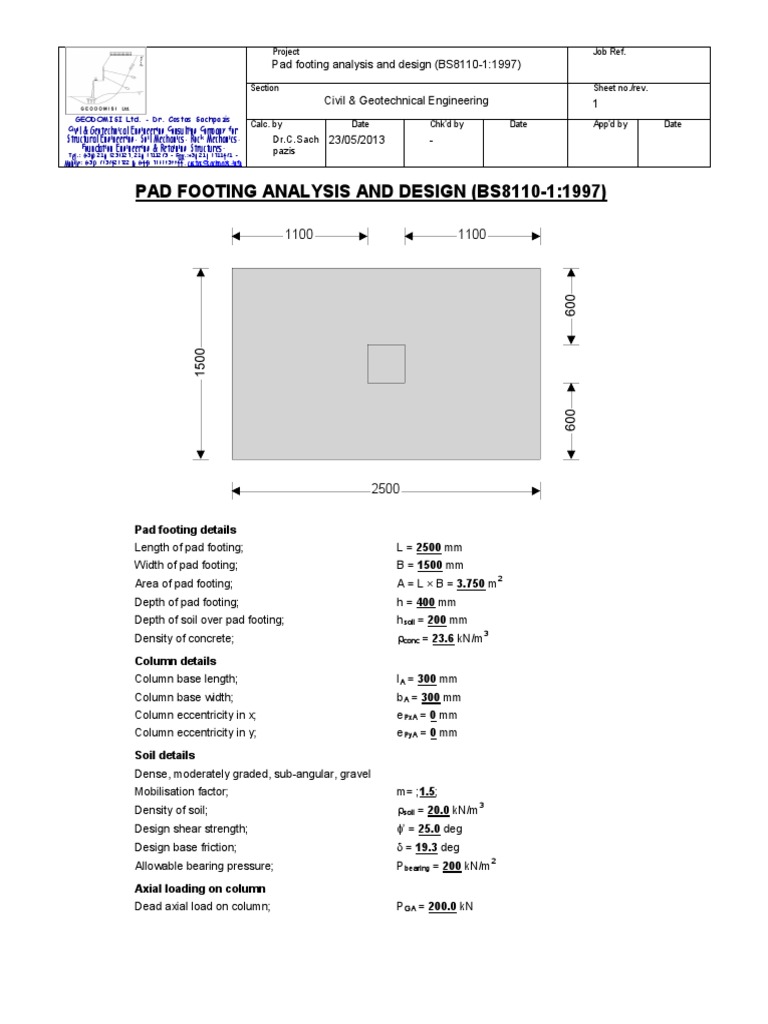 Pad Footing Design Analysis (BS8110) | PDF | Teaching Methods ...