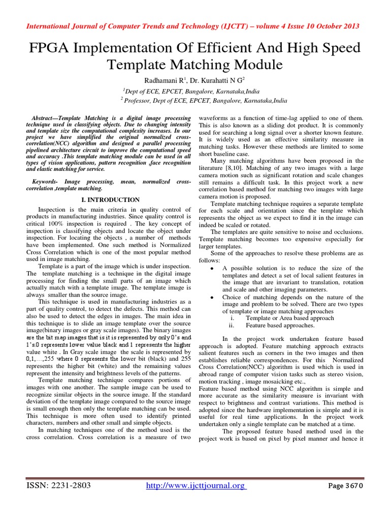 Fpga Implementation Of Efficient And High Speed Template Matching Module Pdf Computer Vision 7586