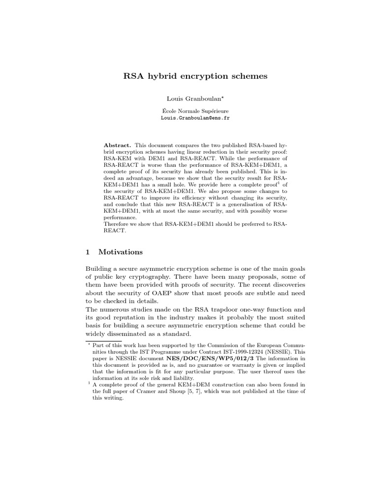 RSA Hybrid Encryption Schemes: 1 Motivations | PDF | Key (Cryptography ...