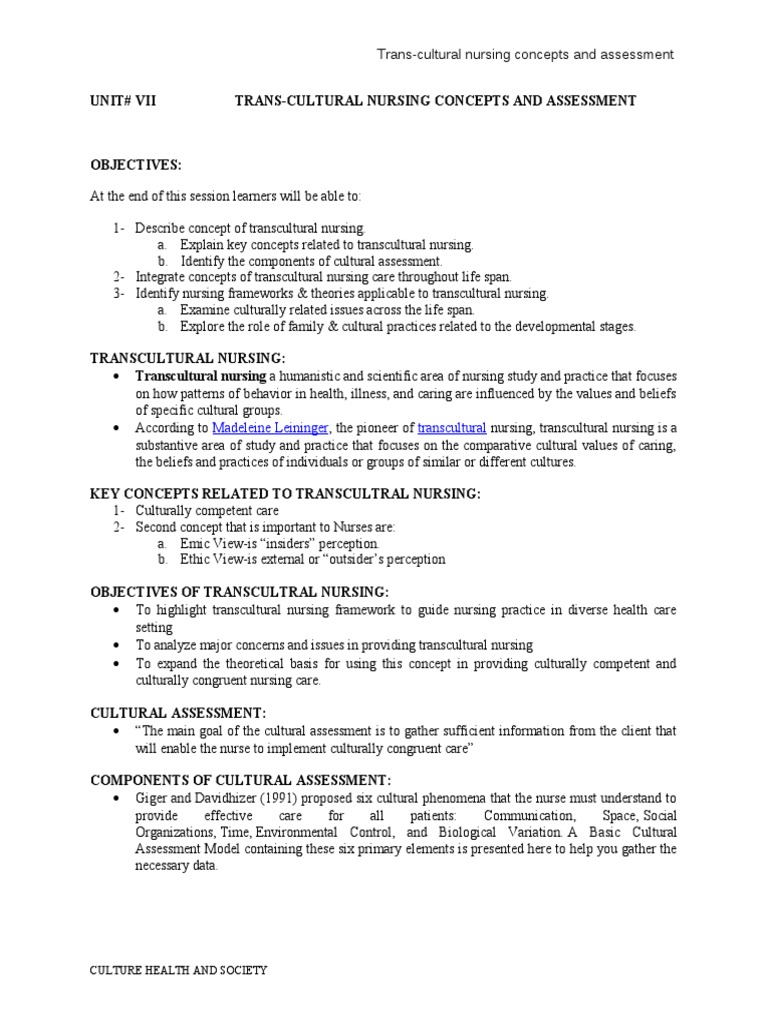 UNIT 7 Transcultural Nursing Concepts and Assessment | PDF | Nursing ...