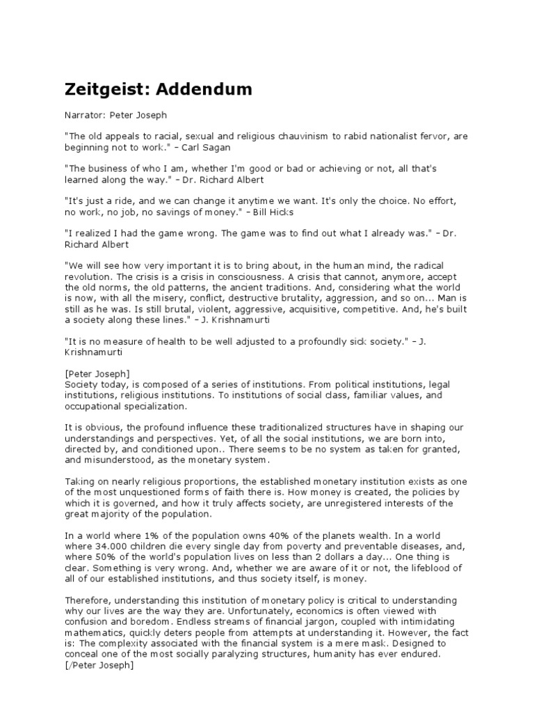 Zeitgeist Addendum Transcript | PDF | Money Supply | Money