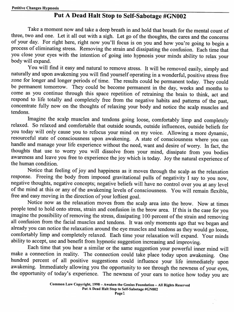 Hypnosis - Sample Hypnosis Script - Put A Dead Halt Stop To Self ...