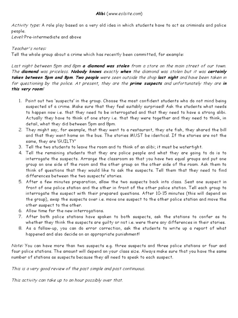 ESL Role Play: Alibi Activity | PDF