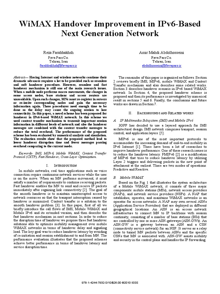 Wimax Handover Improvement In Ipv6 Based Pdf Ip Multimedia Subsystem Computer Network