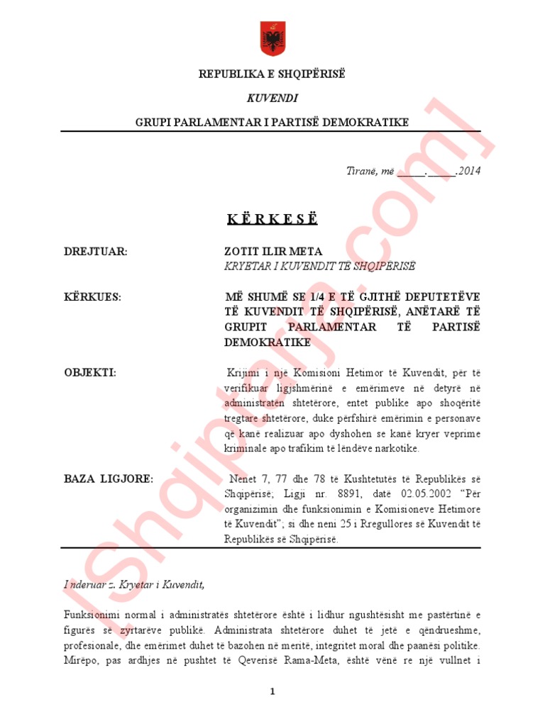 Kerkesë, Drejtuar Krut Te Kuvendit Meta | PDF