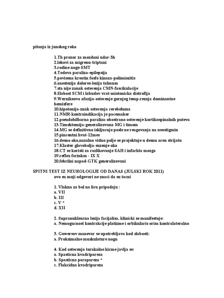 Neurologija Test Pitanja | PDF